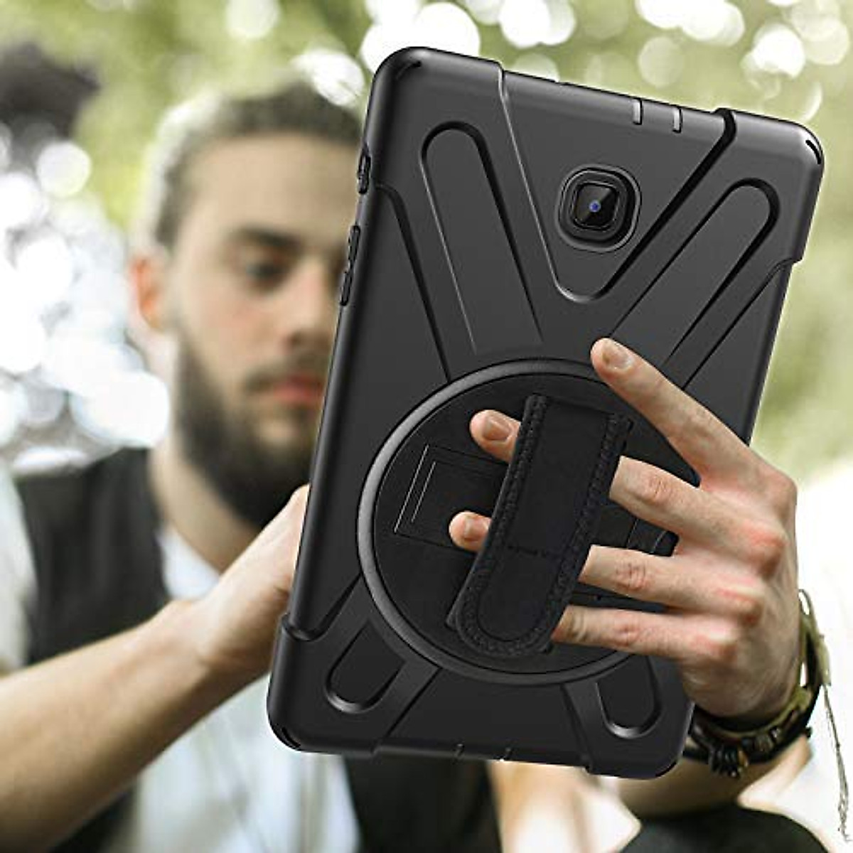 KIQ Shield Series for Samsung Galaxy Tab A 8.0 Case 2018, Shockproof 360 Rotatable W/Kickstand Hand Strap Shoulder Cover for Galaxy Tab SMT387v Tab A Verizon Case 8.0 (Black)