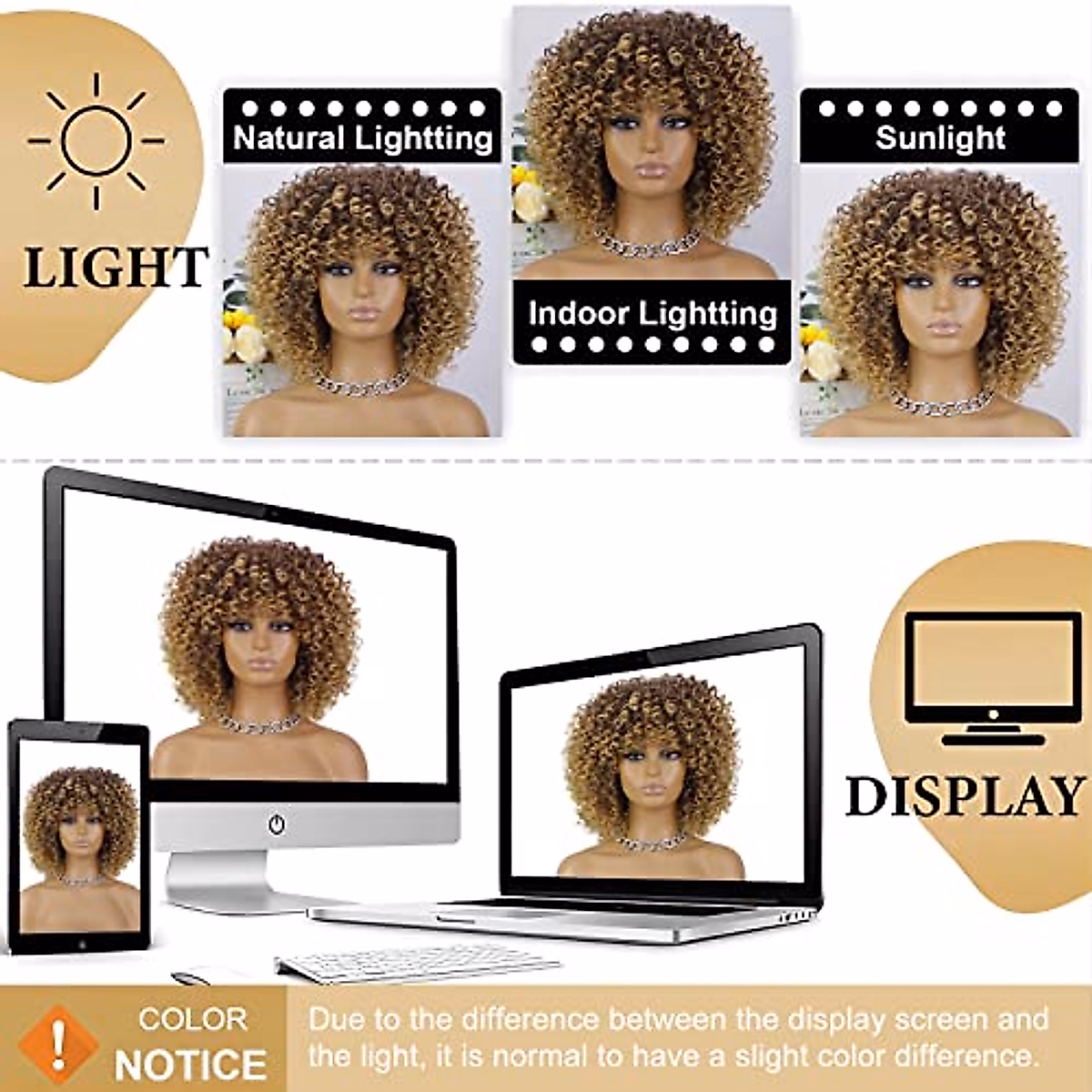 AISI QUEENS Afro Wigs For Black Women Short Kinky Curly Brown Mixed Blonde Synthetic Wig with Bangs Heat Resistant Wigs With Wig Cap