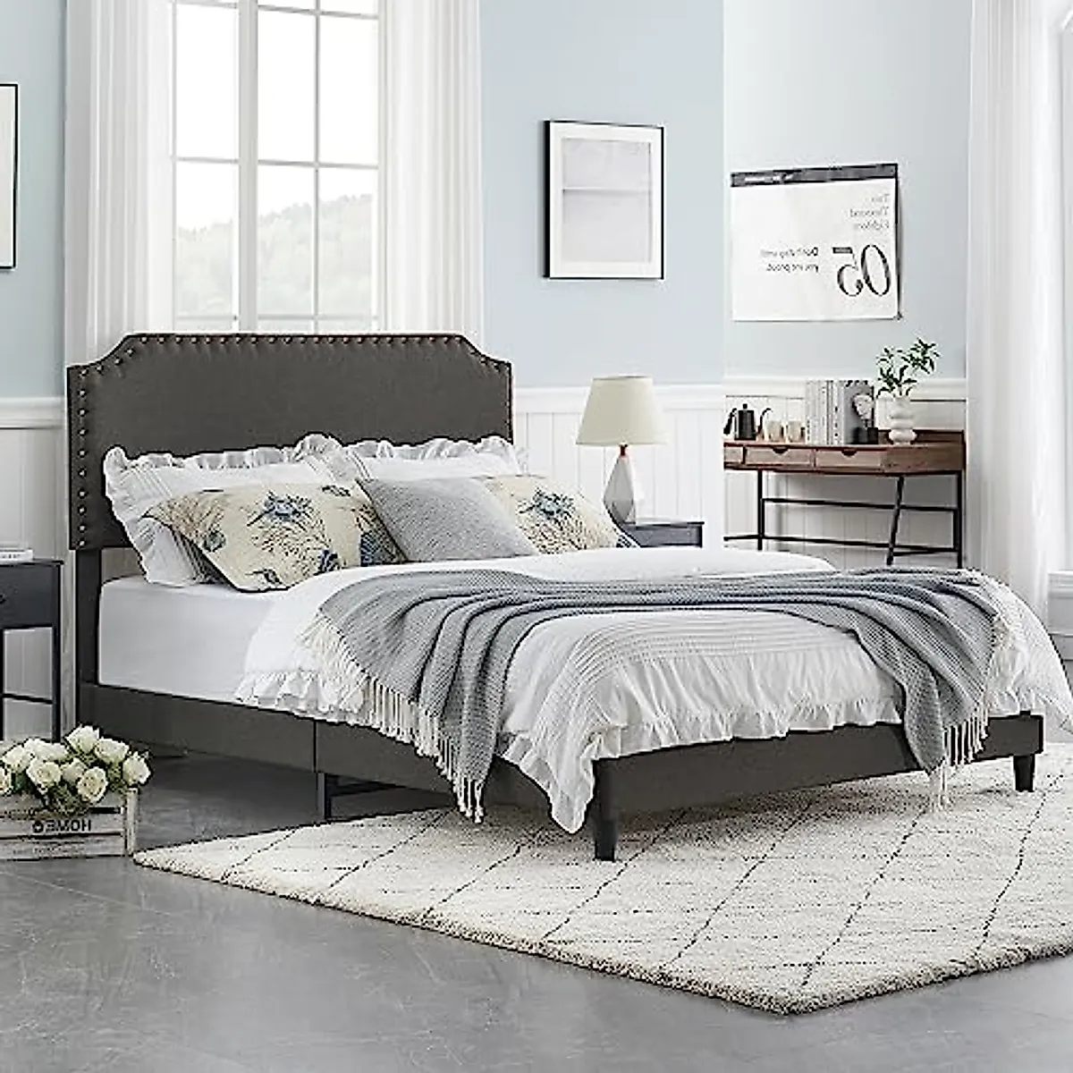 GAOMON Queen Bed Frame with Headboard Adjustable Upholstered Bed Frame Queen Size with Nailhead Trim Headboard, Mattress Foundation, Strong Wood Slat Support, No Box Spring Needed, Dark Grey