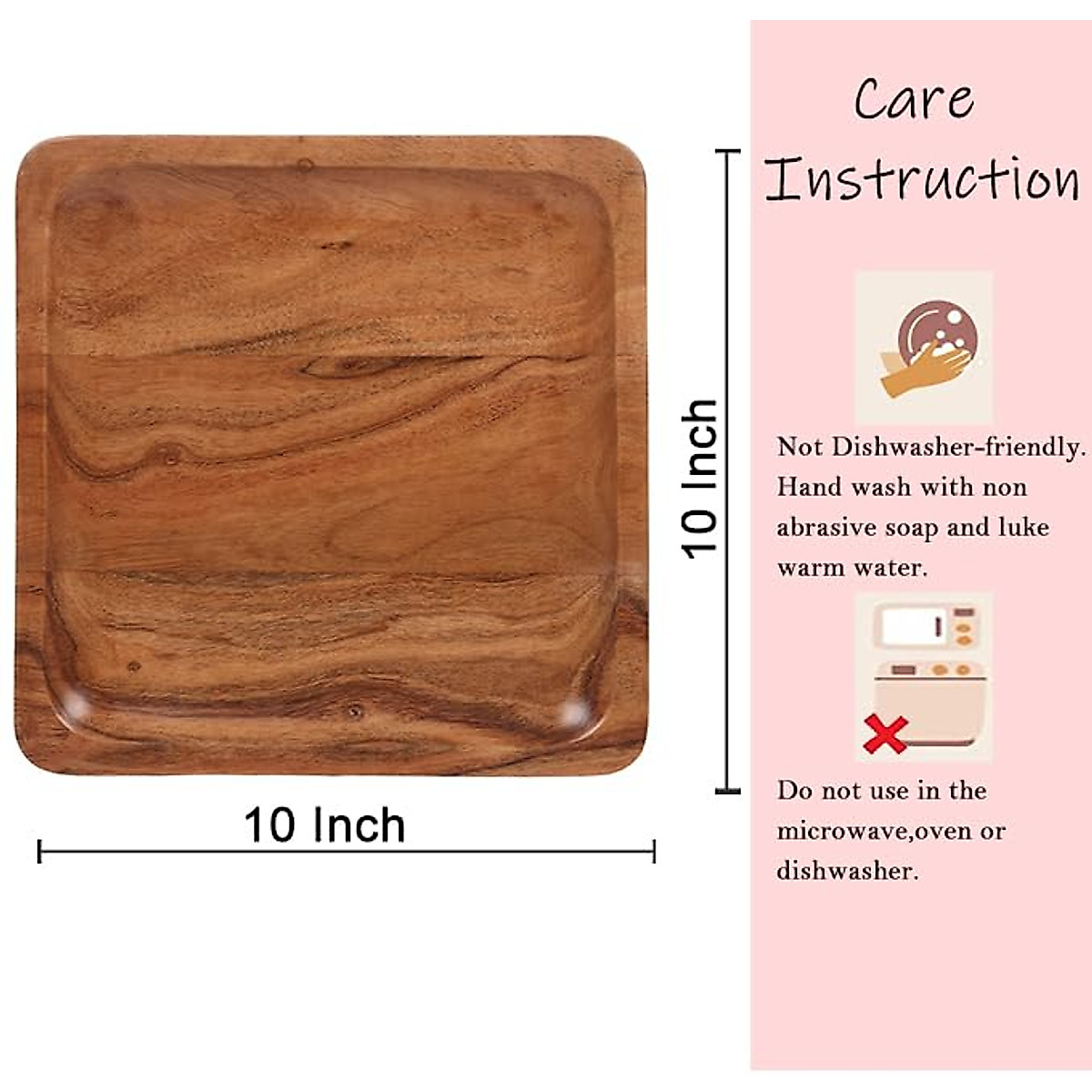 LAVAUX DESIGNS Set of 4 Acacia Wood plates, Square Wooden plates for lunch and dinner | 10x10 inches | Large Serve Size | Shaterproof | Food Grade coating (4)