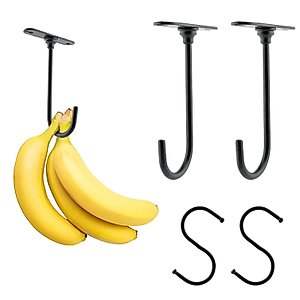 Ranjaner 2Pcs Banana Hook with S Hooks, Self Adhesive Metal Hooks Under Cabinet to Keep Bananas Fresh, Kitchenware Hanging Tools for Fruit, Pots, Towels, Cup(Black)