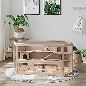 PawHut 3-Tier Extra Large Wooden Hamster Cage with Seesaws, Small Animal Cage and Habitat, Mice, Rat, Gerbil, & Hamster Habitat, Ladder, Feeding Bowl, Openable Top and Front Door