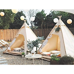 7’x7’x6.5’Outdoor Cotton Canvas 2-3 Person 3 Seasons Bell Teepee Tent with Double Door Spire Tent Pyramid Tents for Family Camping