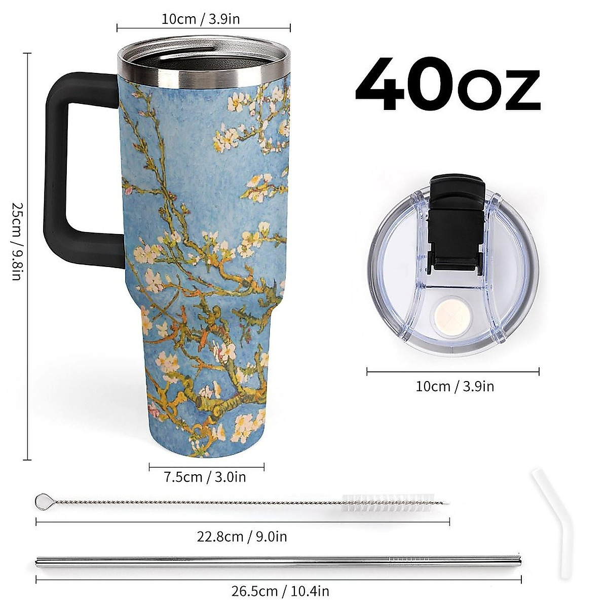 Niapessel Leak Proof Tumbler, Insulated Water Bottles with Straw, Blooming Almond Tree Van Gogh Insulated Cup with Handle 40 Oz Stainless Steel Flask for School, Travel, Car, Sports, Work