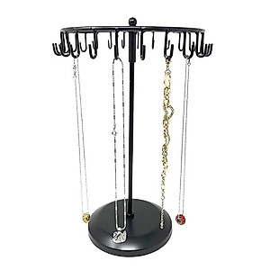 Qaeoity Rotating Necklace Holder Jewelry Organizer Display Stand 14-Inch with 23 Hooks Black, short-black, 8.27*5.9*13.8inch (HS01)
