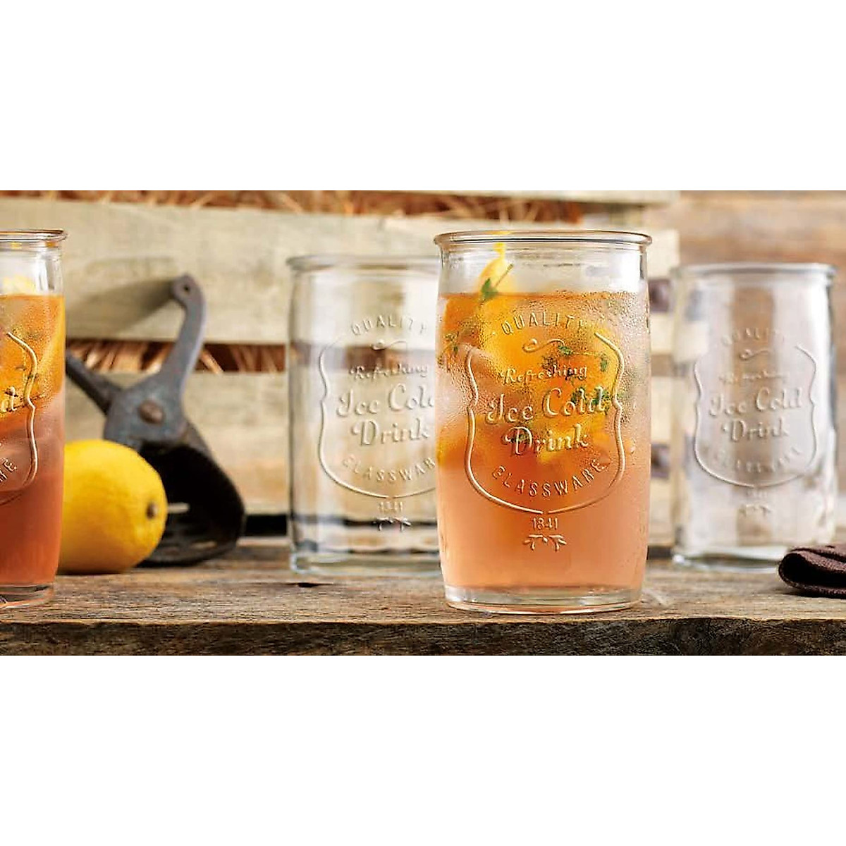 Glaver's Drinking Glasses Set of 4, Vintage Italian Style – Elegant 20 Oz Clear Tumbler Glassware Set– Genuine Artisan-Made for, Refreshing Drinks, Beverages, Cocktails.