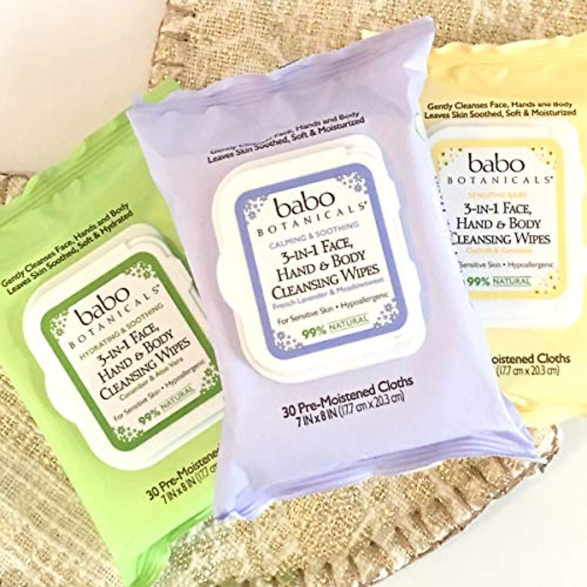 Babo Botanicals Calming 3-in-1 Face, Hand & Body Cleansing Wipes - with French Lavender & Meadowsweet - For Babies, Kids & Adults with Sensitive Skin - 30 ct.