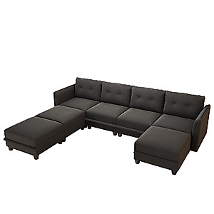 LLappuil Modular Sectional Sofa with Storage U Shaped Couch with Reversible Chaise Luxury Velvet Sofas for Living Room 4 Seats with 3 Ottomans Denim Black Grey