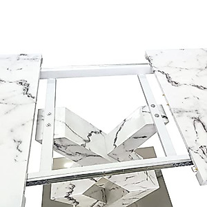 63inch Extendable Marble Dining Table for 4-6, White Faux Marble Dining Room Kitchen Table, Modern Rectangular Dinner Table with Pedestal Base for Dining Room Kitchen (White)