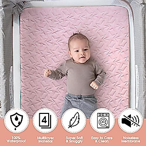 ACRABROS Pack n Play Sheets Fitted,2 Pack Waterproof Mini Crib Mattress Protector, Playard Sheets for Boys and Girls, Universal Fit Quilted Padded Ultra Soft,Gray & Pink