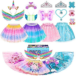 STOPKLAS Little Girls Dress Up Costume Set, Fairy and Mermaid Princess Dress up Trunk with Accessories 19pcs Girls Pretend Play Costume for Girls 3-6