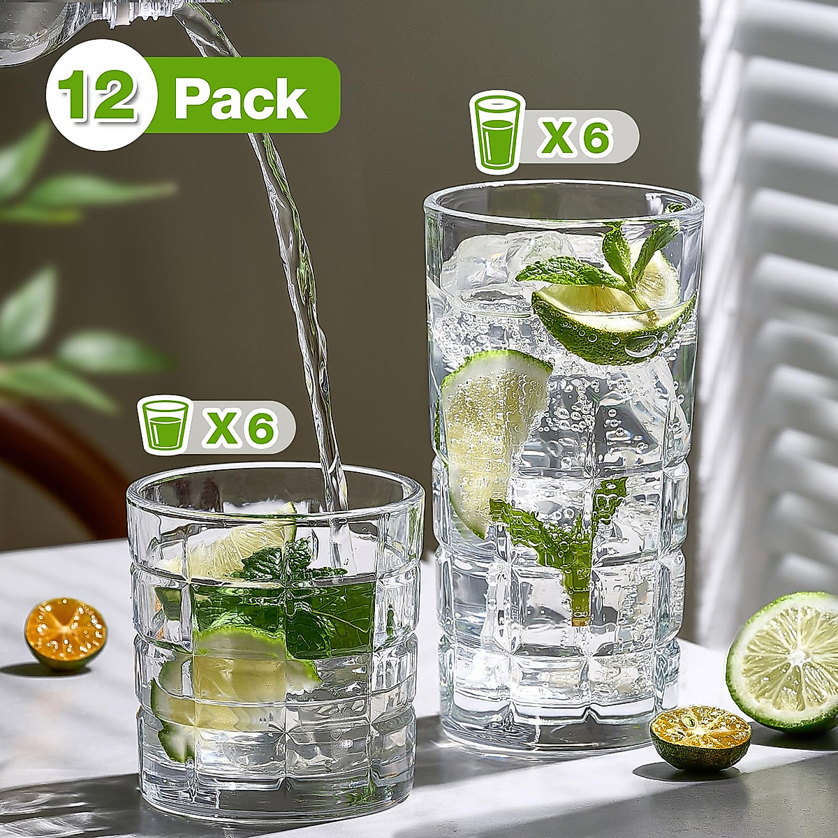 Bulk Drinking Glasses Set of 12, Clear Glass Cups, Mixed Glassware Sets, 15 OZ Large Highball Water Glasses & 11 OZ Rock Glasses, Tumbler Drinkware Kitchen for Cocktail Iced Coffee Beer Tea Whiskey