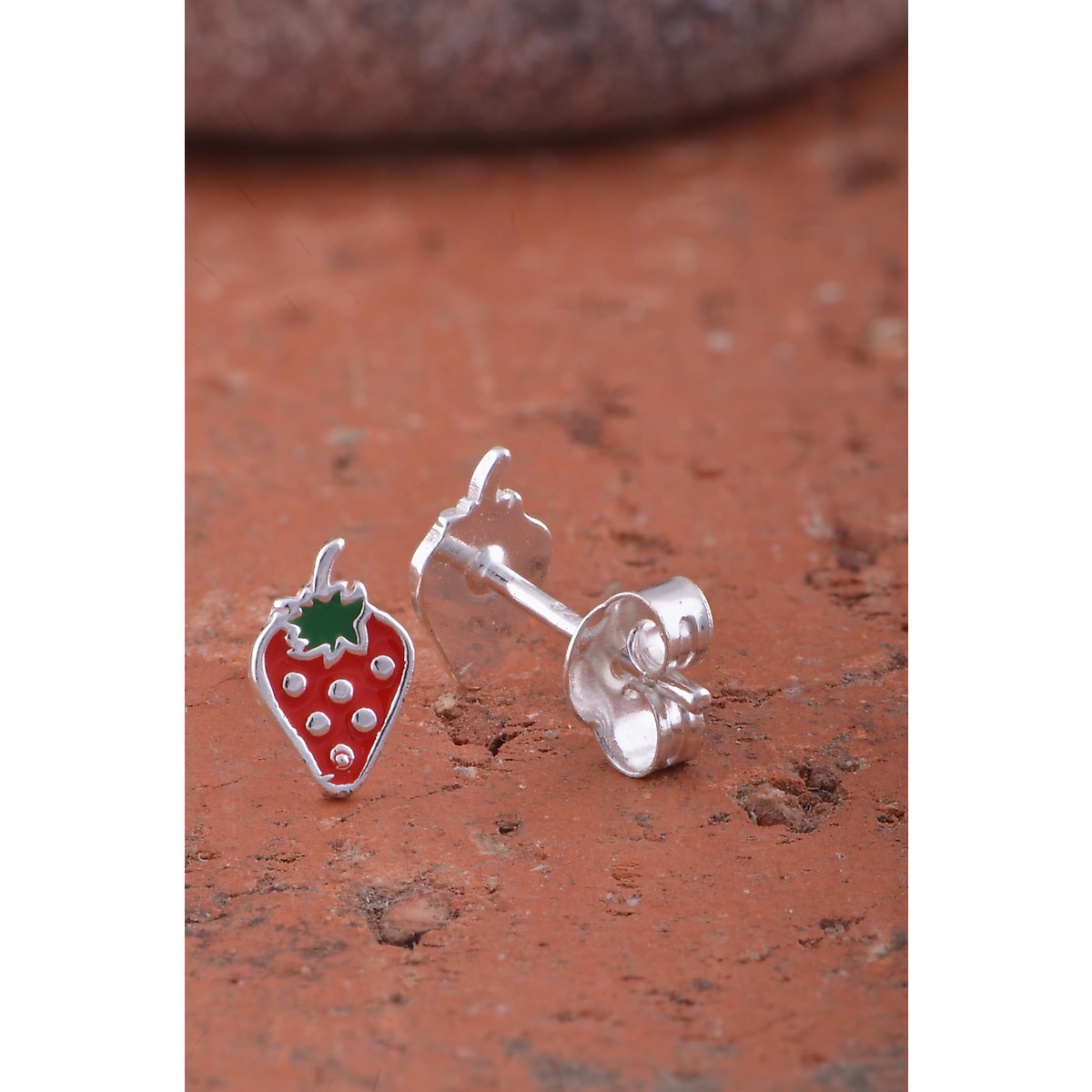 Sterling Silver Small Womens Fruit Red Strawberry Push Back Stud Earrings - Fruit Gifrts For Ladies Mom Wife 0.31in