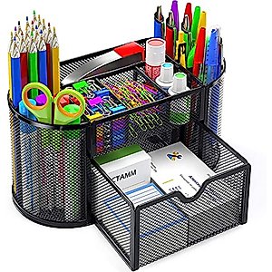 Desk Organizer Mesh Desktop Office Supplies Multi-functional Caddy Pen Holder Stationery with 8 Compartments and 1 Drawer for Office, Home, School, Classroom by Pipishell
