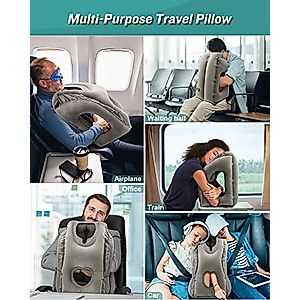 JefDiee Inflatable Travel Pillow, Airplane Neck Pillow Comfortably Supports Head and Chin for Airplanes, Trains, Cars and Office Napping with 3D Eye Mask, Earplugs and Portable Drawstring Bag (Grey)