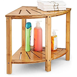 Bamboo Corner Shower Bench - Shower Stool, Shaving Stool with Non-Slip Feet - Wood 2-Tier Seat with Storage Shelf - Bathroom, Living Room, Bedroom, Garden Etc. Seat or Organizer