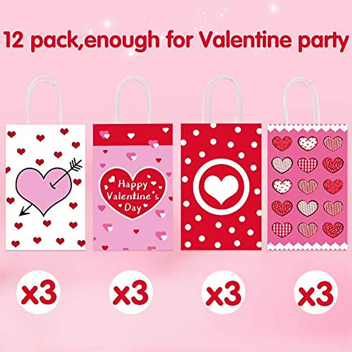 MISS FANTASY Valentine Gift Bags 12 Pack Valentine Day Gift Bags for Kids Party Valentine Paper Goodie Bags Valentine Cookie Candy Bags with Handles for Valentine Party Supplies