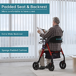 ELENKER All-Terrain Rollator Walker with 10” Non-Pneumatic Wheels, Sponge Padded Seat and Backrest, Fully Adjustment Frame for Seniors, Red