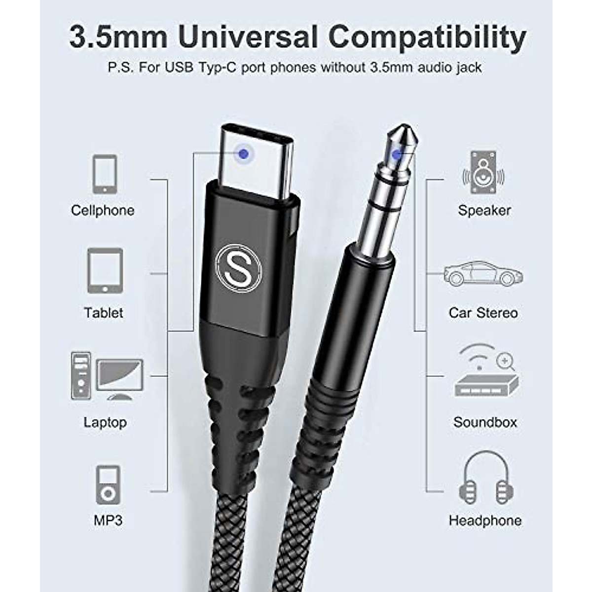 sweguard USB C to 3.5mm Audio Aux Jack Cable 6.6ft, Type C Adapter to 3.5mm Headphone Car Stereo Aux Cord for iPad Pro Air 4 5 Mini 6, Samsung Galaxy S23 S22 S21 S20 S10 9 8 Note 20 10 Z fold Pixel