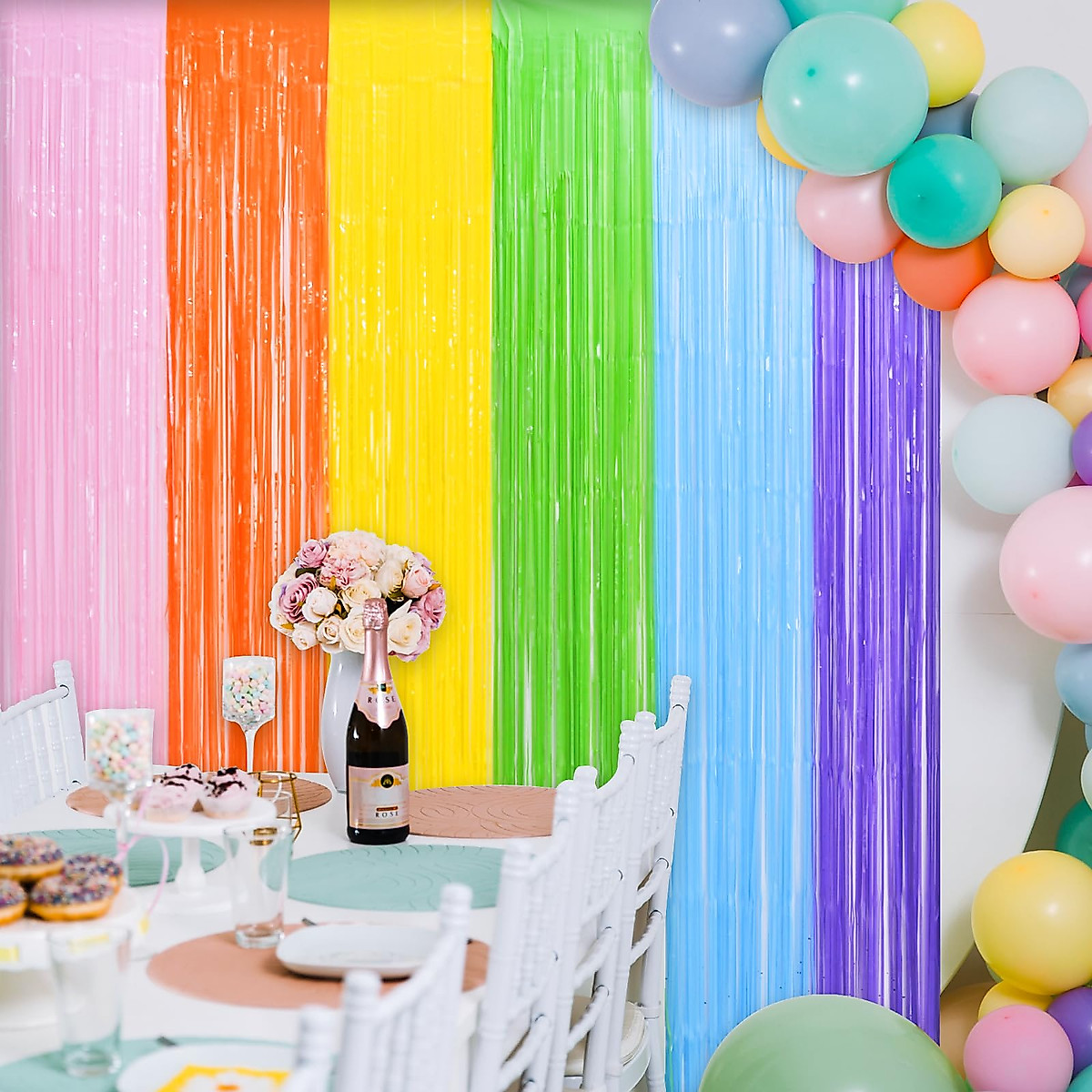 LOLStar Candyland Party Decorations, 2 Pack 3.3x6.6ft Pastel Rainbow Foil Fringe Curtains, Tinsel Curtains Photo Booth Prop Streamer Pastel Backdrop for Cocomelon Home Decor Easter Bunny Decorations