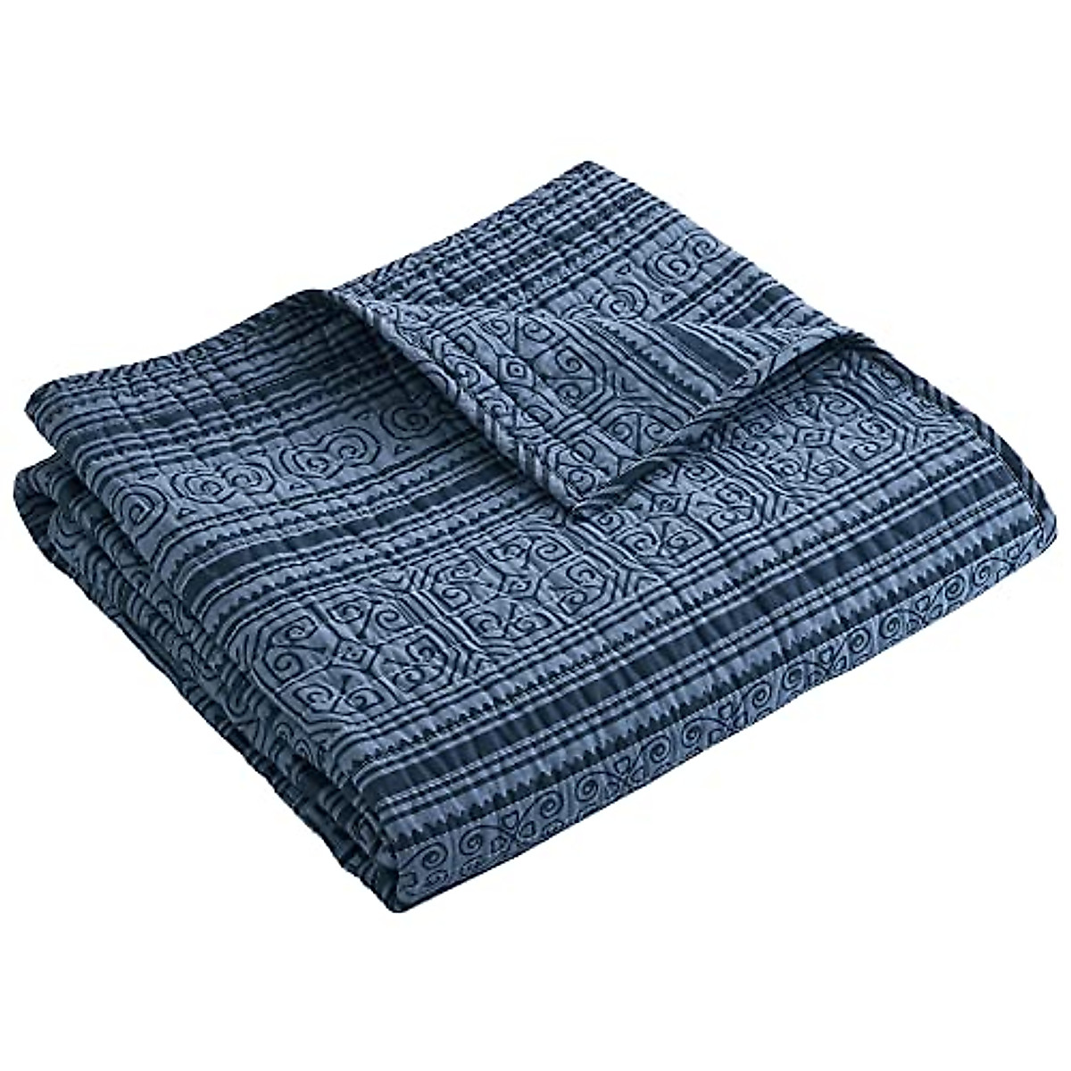 Levtex - Tolteca - Quilted Throw - 50x60in. - Global Stripe - Navy and Blue - Reversible Pattern - Cotton Fabric