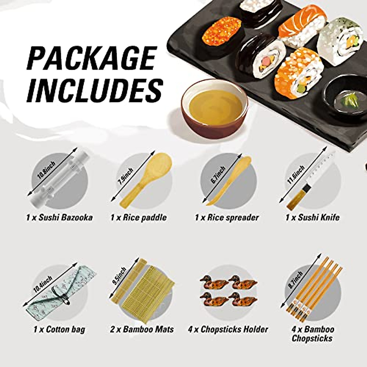 ISSEVE Sushi Making Kit, Bamboo Sushi Mat, All In One Sushi Bazooka Maker with Bamboo Mats, Bamboo Chopsticks, Paddle, Spreader, Sushi Knife, DIY Sushi Roller Machine