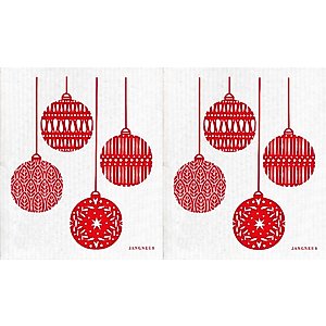 Swedish Dishcloth/Sponge Cloths: Packs of Christmas Holiday Tree (2-Pack Red Baubles Ornaments)