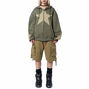 Tsultryofs Women Y2k Zip Up Hoodie Vintage Star Graphic Long Sleeve Hooded Sweatshirt E Girls Harajuku Aesthetic Jackets (Grey Green,XL)