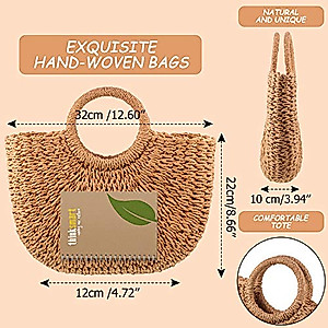 Frienda Straw Tote Bag Summer Beach Bag Handmade Straw Rattan Woven Handbag for Women Travel (Khaki, 12.6 x 7.87 x 8.66 Inch)