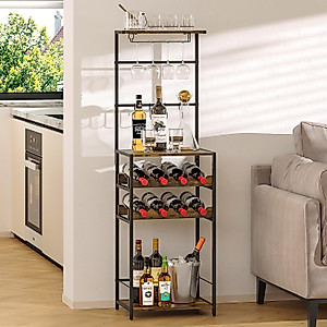5-Tier Wine Rack Freestanding Floor, Liquor Bar Stand with Glasses Holder and 4 S Hooks, Corner Mini Bar Cabinet for Small Space, 8 Bottles Wine Bar Cabinet for Home, 11.81"D x 16.53"W x 53.55"H