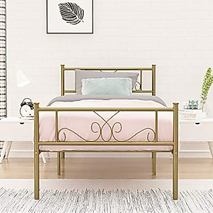 SimLife Twin Bed Frame with Headboard and Footboard Metal Platform Bed Frame Under Bed Storage Mattress Foundation No Box Spring Need Gold