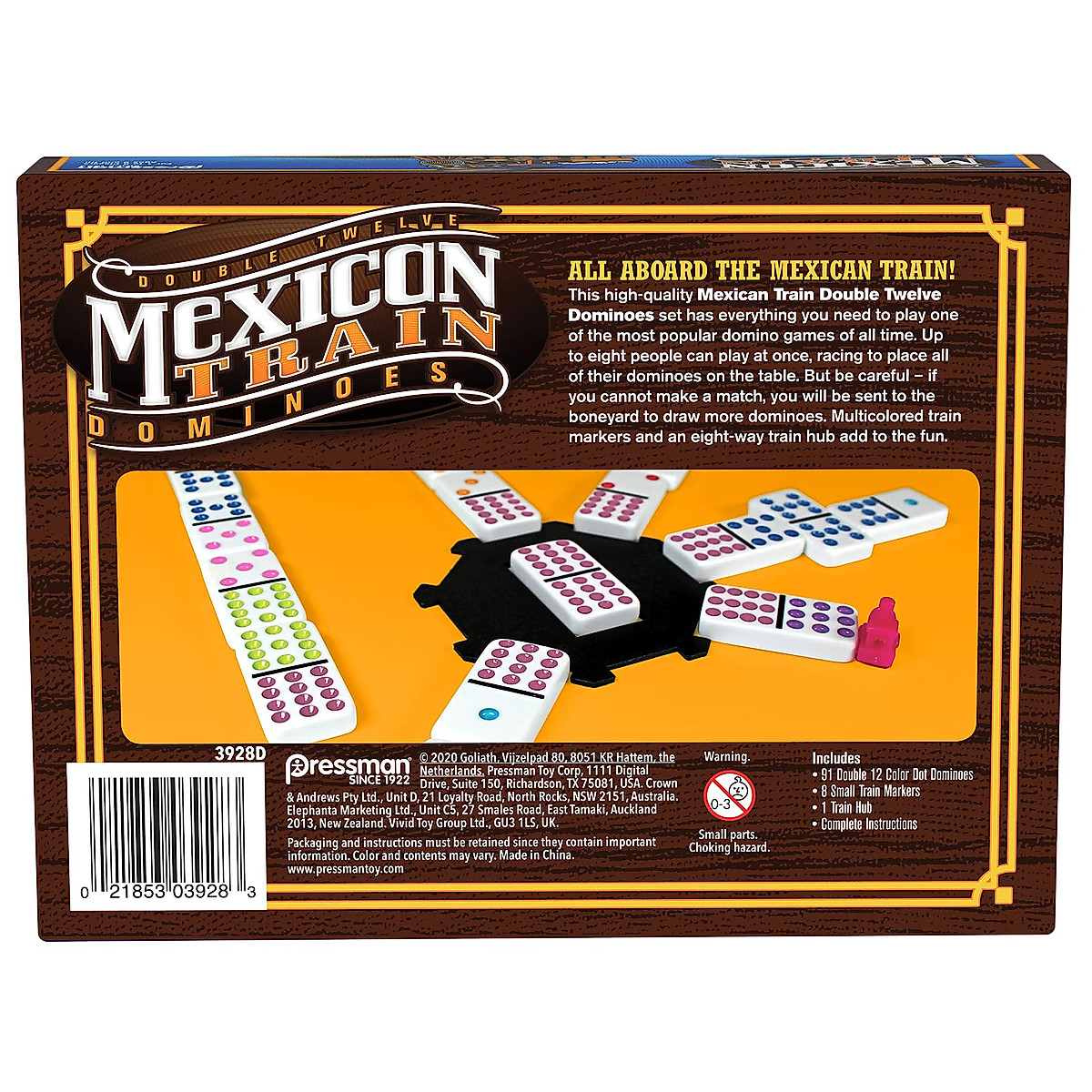 Mexican Train Dominoes - Beautiful Color Dot Double 12 Dominoes Set - Includes Train Markers and Hub by Pressman Multi Color, 5"
