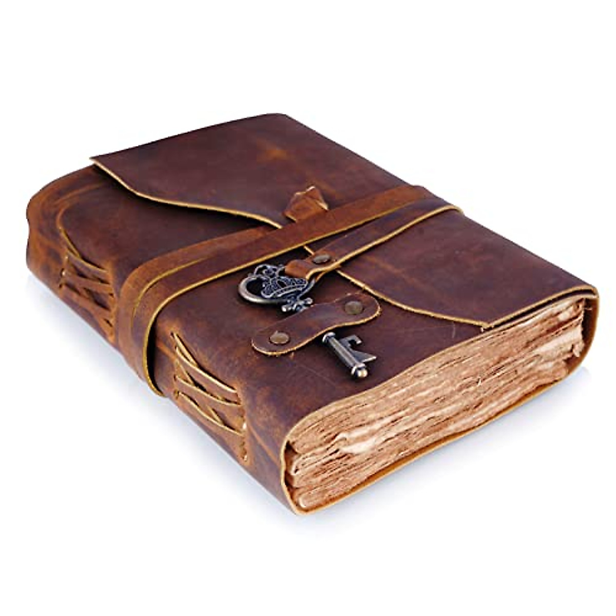 Burhano crafts vintage leather journal with key leather bound journal key closer Antique Handmade Deckle Edge Vintage Paper Leather Book of shadows - perfect for writing (8x6)