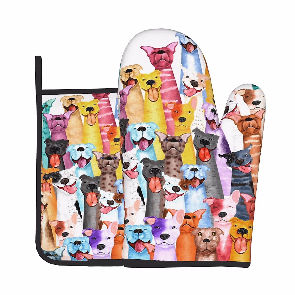Cute American Pit Bull Terrier Dogs Puppy Lovers Colorful Tie Dye Oven Mitts and Pot Holders Sets Reusable Soft Cotton Heat Resistant Oven Gloves For Kitchen Microwave BBQ Baking Print Oven Mitt Gifts