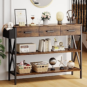 Gizoon 47" Console Table with 3 drawers, Industrial Entryway Table with 3 Tier Storage Shelves, Narrow Long Sofa Table for Entry Way, Hallway, Couch, Living Room, Kitchen, Rustic Brown