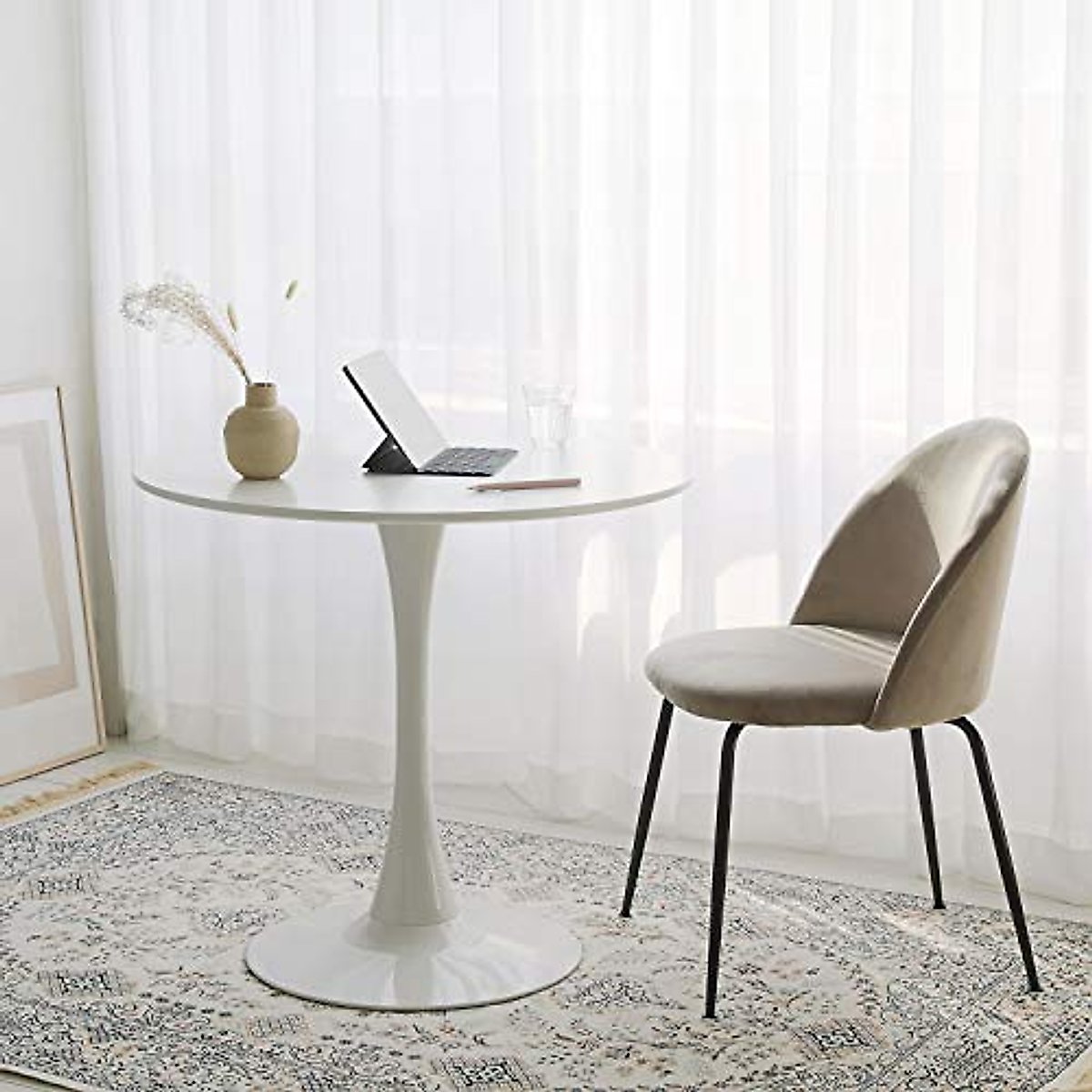 Roomnhome Self-Assembly ∅39'' Round Table, Sturdy décor Table with a Combination of Iron Frame and 0.7'' Thickness MDF + scatchproof HPL top, Home and Kitchen White Round Table
