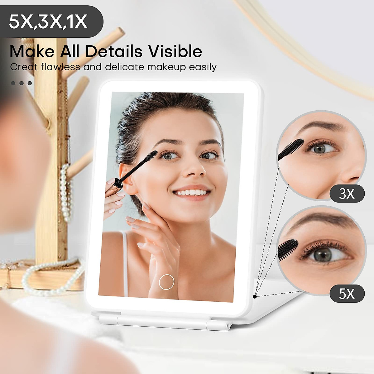 Tkaufen Travel Size Magnifying Lighting Mirror, 21Hours Battery Life, 5X/3X/1X Compact Hand Held Portable Foldable Makeup Cosmetic Mirror, Valentine's Day (White, 2 Fold)