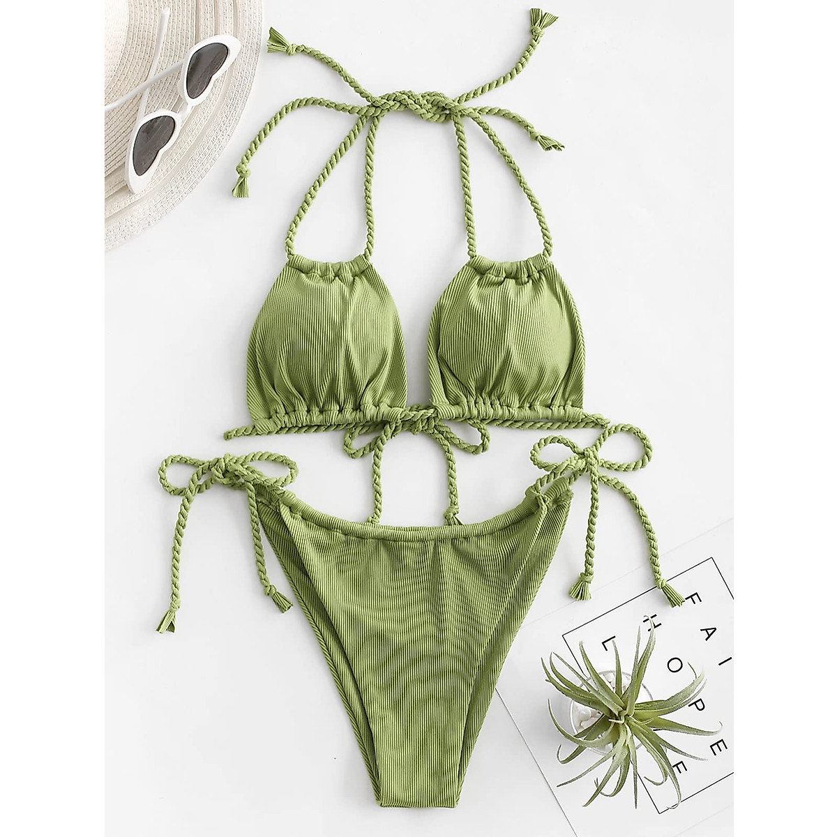 ZAFUL Ribbed Sexy Halter Bikini for Women Multi Way Bikini Sets Tie Side High Cut Two Piece Swimsuit Green M