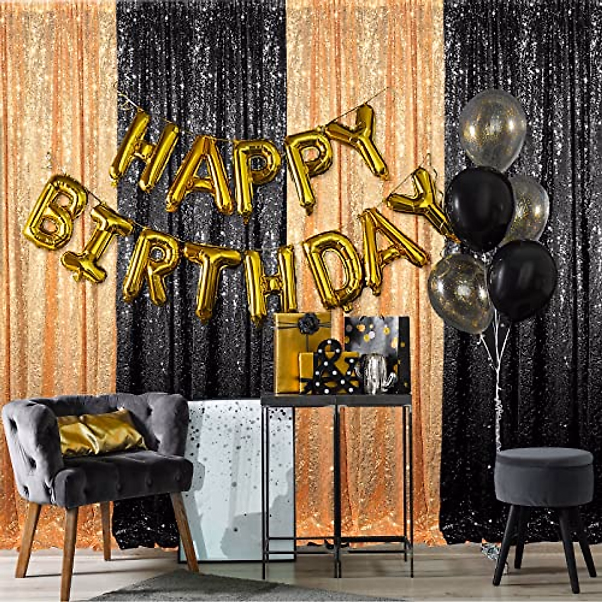 4 Panels Sequin Backdrop Curtain 2 ft x 8 ft, Backdrop Curtain for Party Sequin Backdrop Glitter Curtain for Congrats Grad Graduation Party Decorations, Birthday, Wedding (Black, Gold)