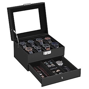 SONGMICS 8-Slot Watch Box, Lockable Watch Case with Glass Lid, 2 Layers, with 1 Drawer for Rings, Bracelets, Gift Idea, Black Synthetic Leather, Black Lining UJWB080B01