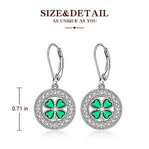 Shamrock Earrings St Patricks Day Earrings for Women Celtic Knot Irish Leverback Drop Sterling Silver Four Leaf Clover Earrings Green Jewelry
