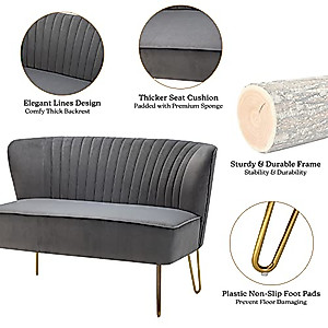 HULALA HOME 45-inch Small Velvet Upholstered Loveseat Sofa, Modern Loveseat Club Couch with Golden Metal Legs, Living Room Tufted Velvet 2 Seater Sofa for Apartment Small Spaces (Grey)