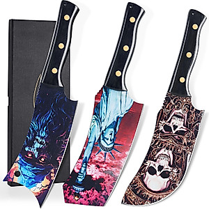 Topfeel 3PCS Color-Coded Coated Butcher Knife Set, Hand Forged Meat Cleaver Knife & Bone Chopper Knife & Burcher knife, Meat Cutting Kitchen Knife Set for Home, Outdoor Cooking, Camping BBQ