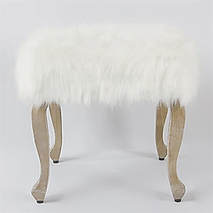 HomePop Faux Fur Square Stool with Wood Legs, White
