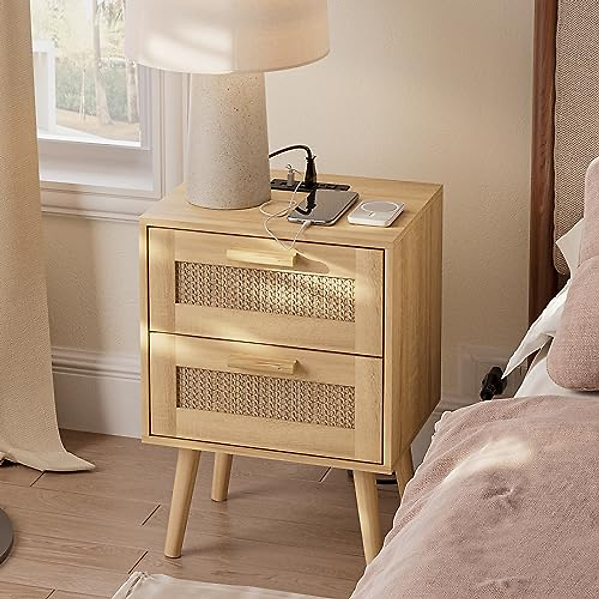Masupu NightStand with Charging Station,Bedside Table with PE Rattan Decor Drawer, 2 Drawer Dresser for Bedroom,Rattan Furniture,Small Side Table,Rattan Night Stand for Bedroom,Living Room