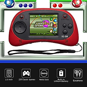 Kids Handheld Games 16 Bit Retro Video Games Console with 220 HD Electronic Games - 2.5'' LCD Portable Travel Games Entertainment Gifts for Boys Girls Ages 4-12 (Classic Red)
