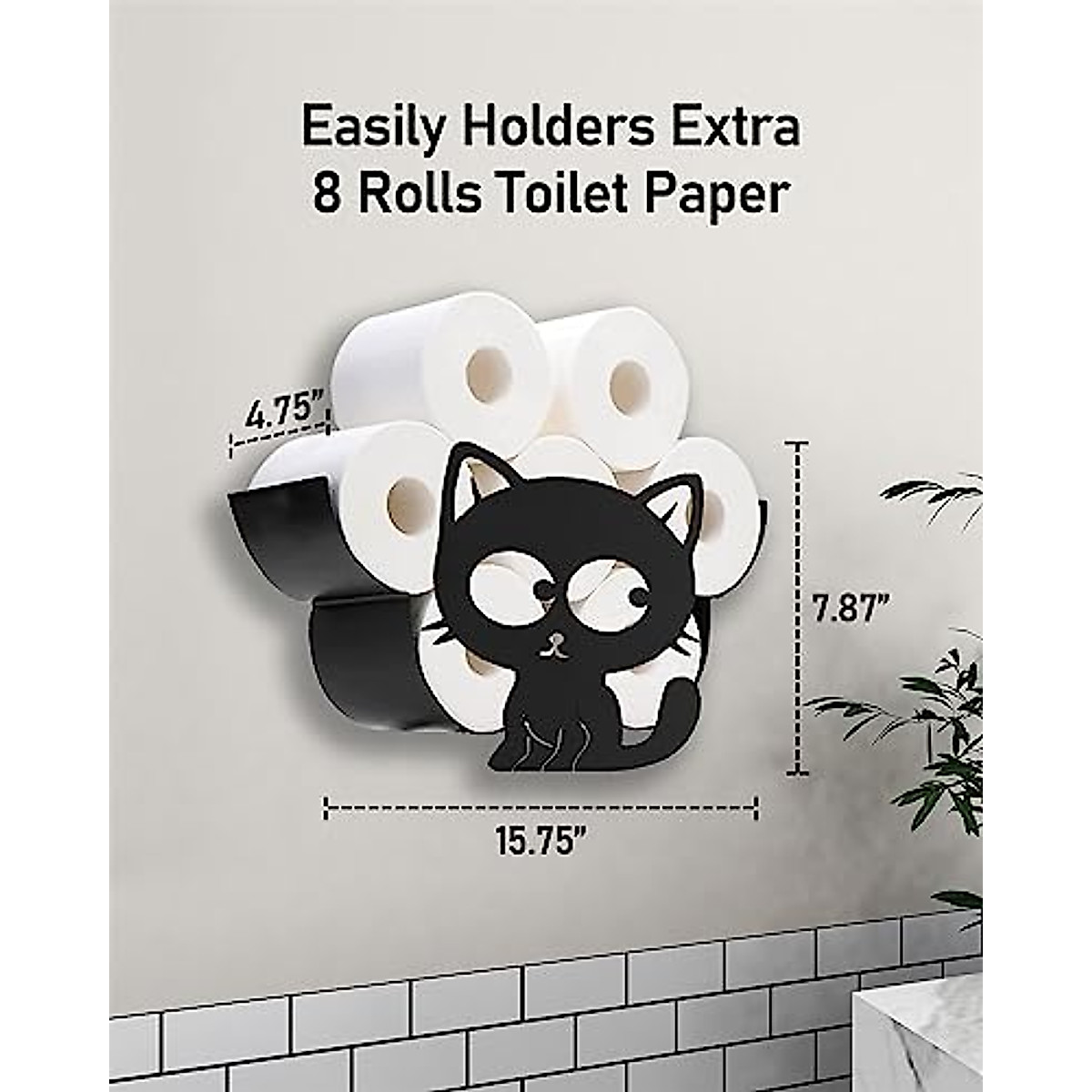 Cute Cat Toilet Paper Holder, Cute Farmhouse Wall-Mount Toilet Paper Rack for 8 Rolls, Metal Wall Art Bathroom Decorative