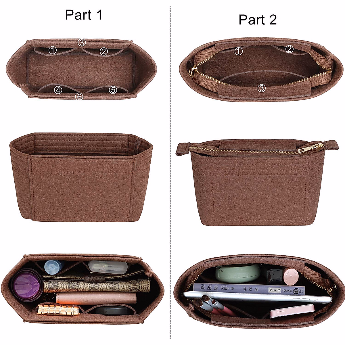 HyFanStr Felt Insert Bag Organizer with Zipper, Small Handbag Purse Organizer Tote Liner Pouch for Women, 2 Pcs Set Coffee