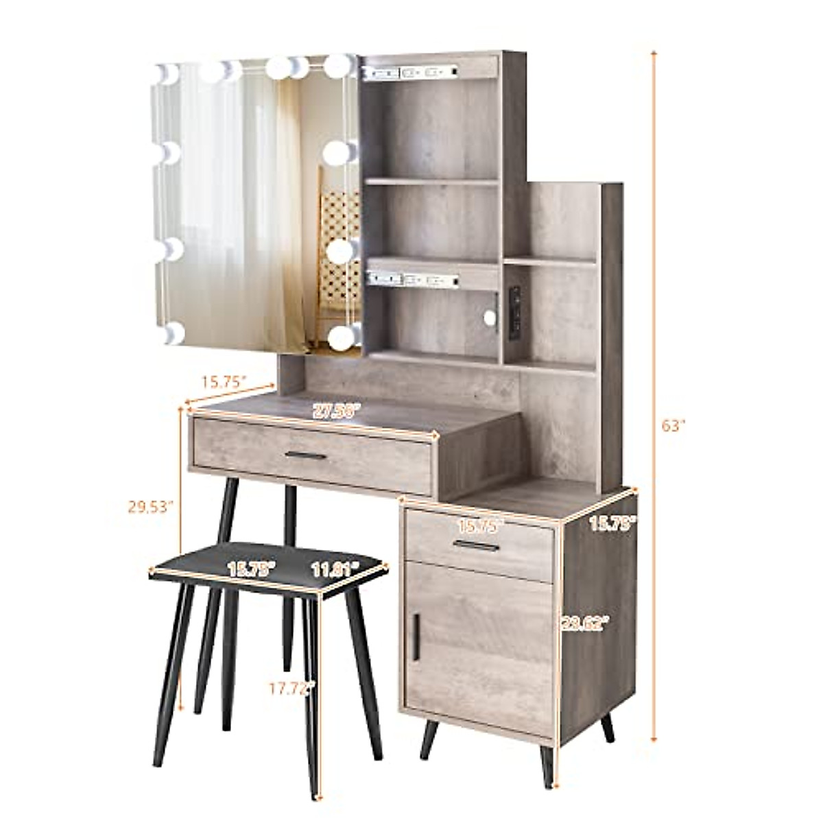 3-color Lighted Mirror Cabinet with Stool - Vanity Desk and Cushioned Chair - Sliding Mirror Makeup Desk - 2 Drawers 1 Door Cabinet 2 Shelves - Charging Station - Screen Touch Switch - Retro Grey