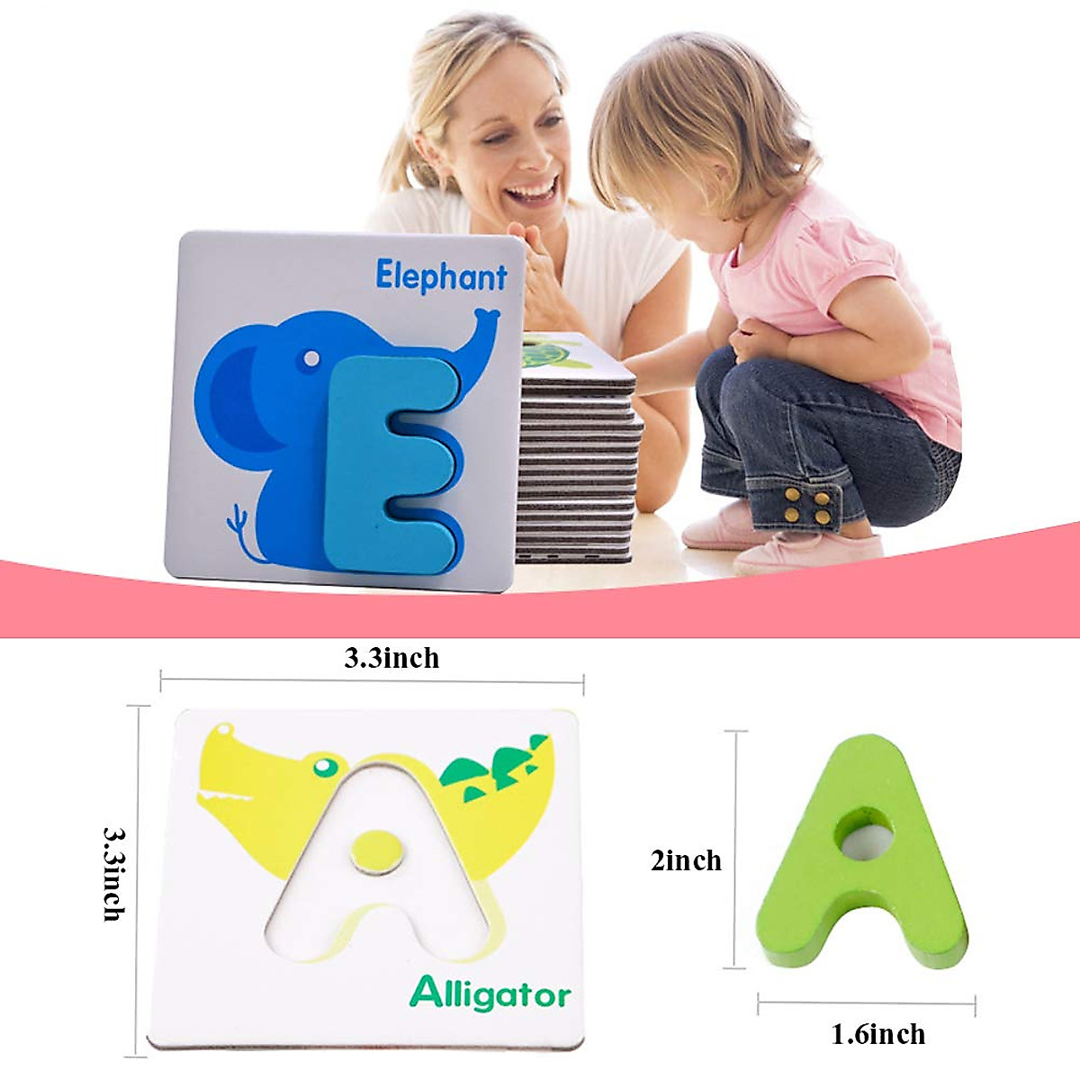 Vankcp 26Pcs Wooden Letters Card Numbers Alphabets ABC Flash Cards Set Montessori Animal Color Cognition Matching Puzzle Game